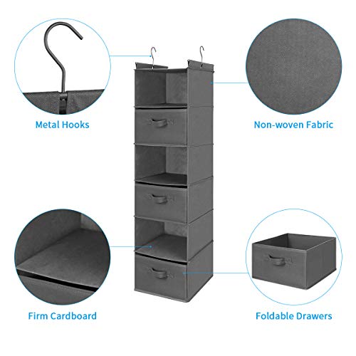 MAX Houser 6 Tier Shelf Hanging Closet Organizer, Closet Hanging Shelf with 2 Sturdy Hooks for Storage, Foldable,Black and Grey-D3