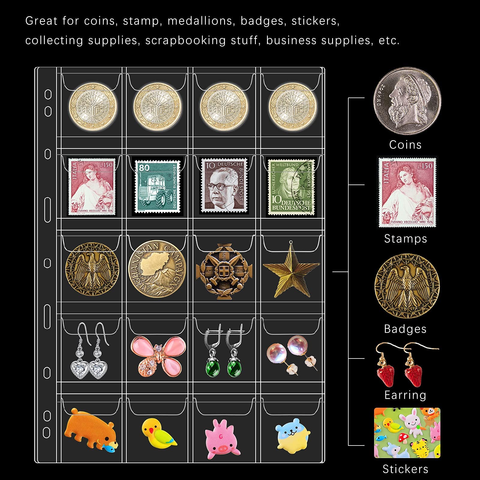 Homgaty 10 Sheets Coin Collection Supplies, Coin Pocket Page Coin Holders Stamp Binder Sheets Currency Collecting Album Book Sleeves (12, 20, 30 and 42 Pocket Pages)