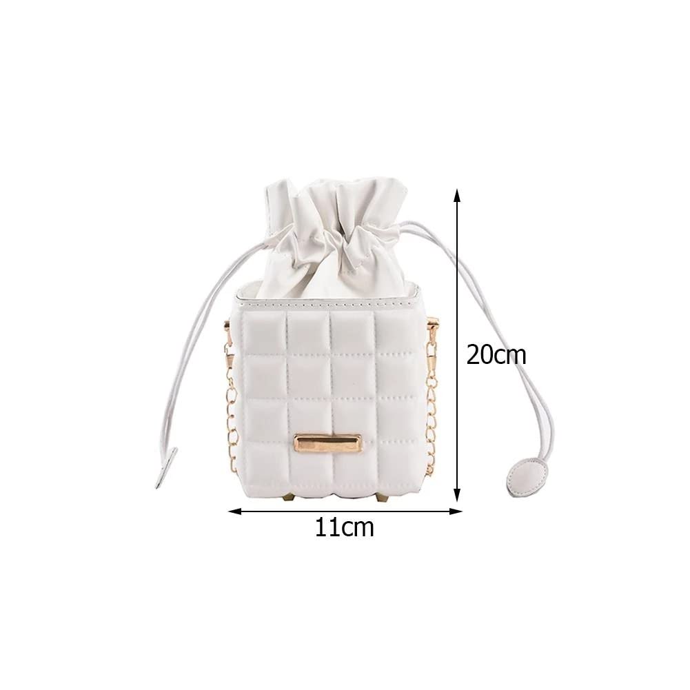Box Bag Mini Box-Shaped PU Leather Crossbody Bag Solid Color Square Ladies Crossbody Bag Drawstring Pouche - Chain Crossbody Bag (White)
