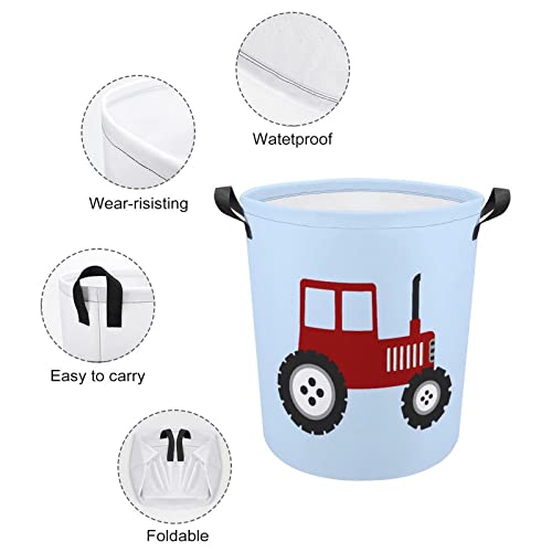 Red Tractor Foldable Laundry Basket Waterproof Hamper Storage Bin Bag with Handle 16.5"x 16.5"x 17"