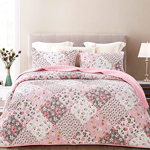 Whale Flotilla 3-Piece Printed Queen Size Quilt Bedding Set with 2 Pillow Shams Lightweight Reversible Bedspreads Coverlet Set for All Season, Pink