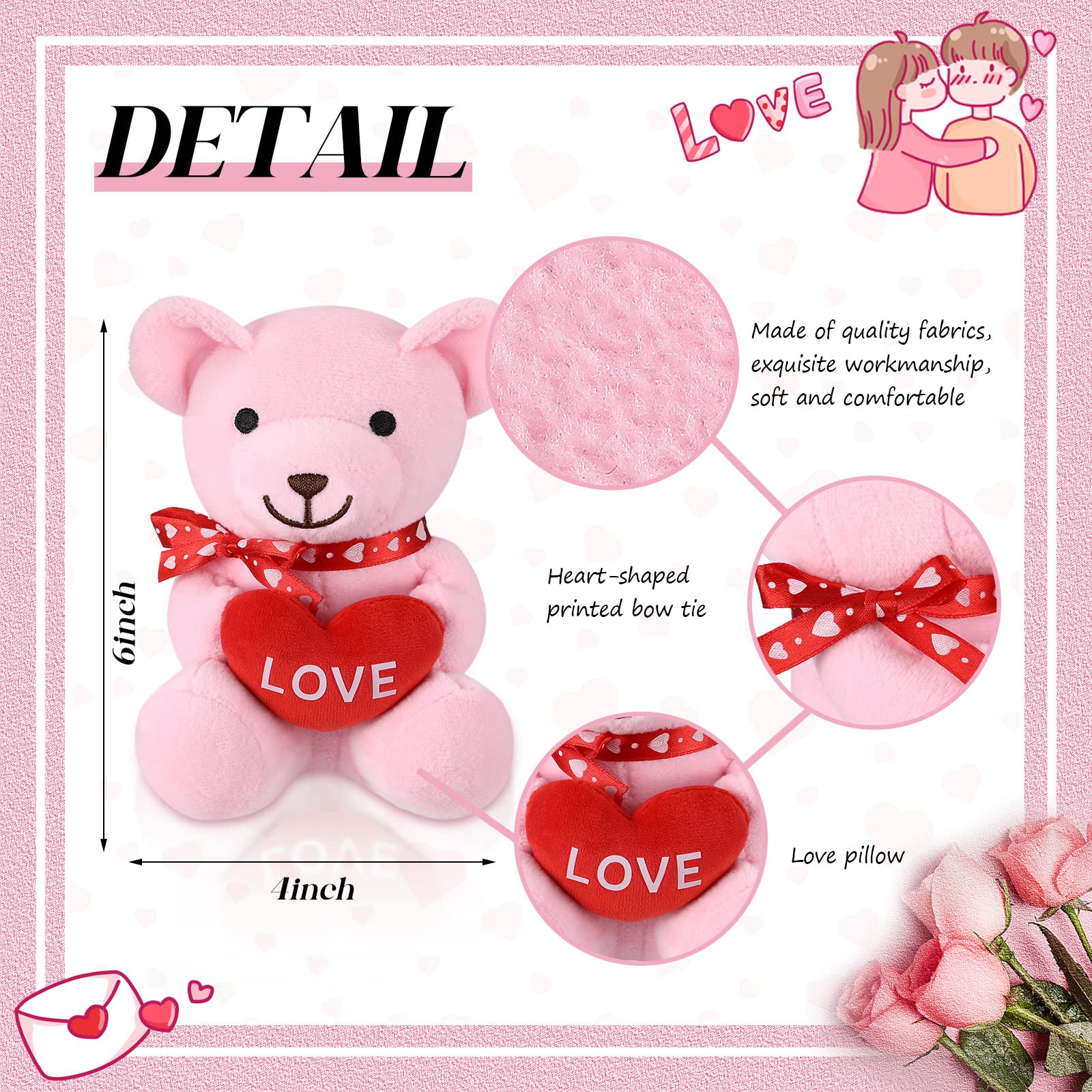HyDren 4 Pcs Valentine's Day Stuffed Bear 6'' Cute Stuffed Animals Soft Bear with Red Heart Small Sweet Cuddly Plush Toys Gift for Classroom Exchange Prizes Party (Pink, White, Brown, Khaki)