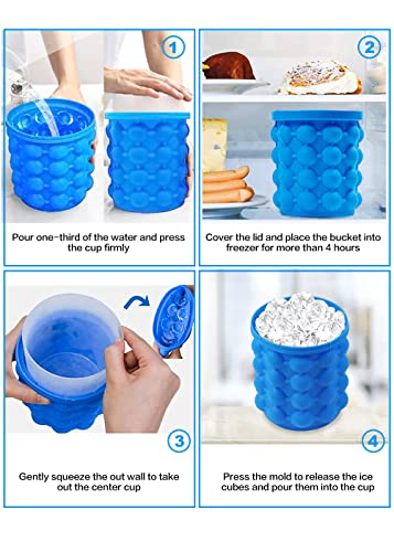 Ice Cube Mold Ice Cube Trays, New 3D Ice Cubes Maker(2 in 1), Large Cylindrical Silicone Ice Bucket for Frozen Cocktail, Beverages and More - Blue