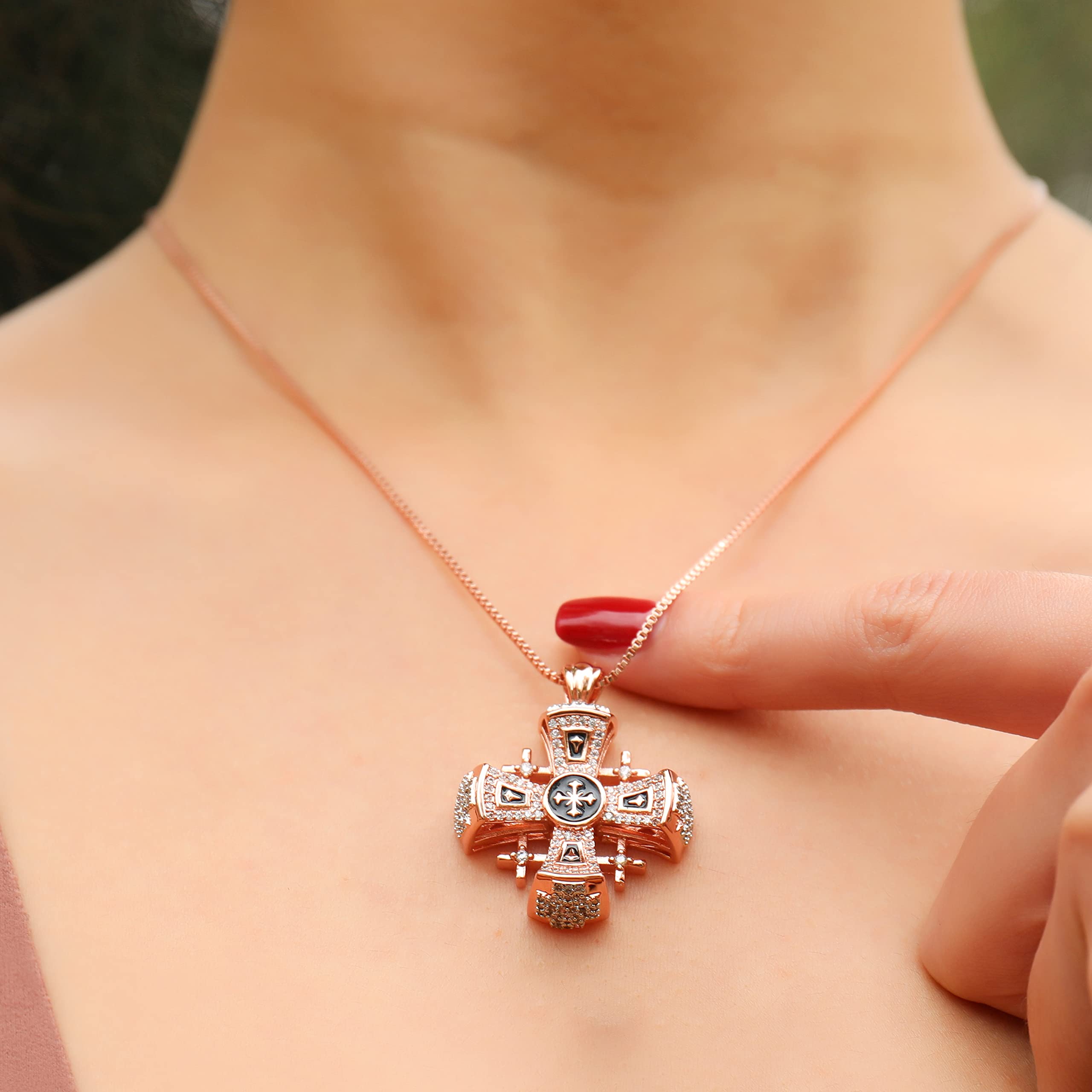 Nazareth Store Crusaders Jerusalem Cross Pendant Necklace Gold Plating 18k Enamel Crystallized Stones 1.3" (Black)