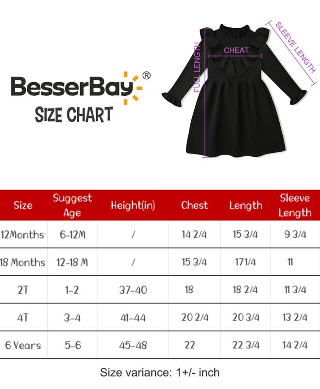 BesserBay Infant Girls Adorable Fall Ruffle Trim Ribbed Knit Cozy Warm Black Sweater Dress 6-12 Months