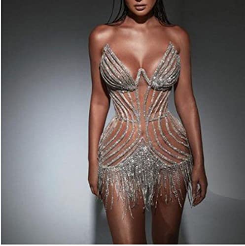 Baidicheng Crystal Bras Bikini Chain Suit Bridal Luxury Rhinestone Bra Underwear Prom Party Beaded Gorgeous Body Chain for Women's,Silver