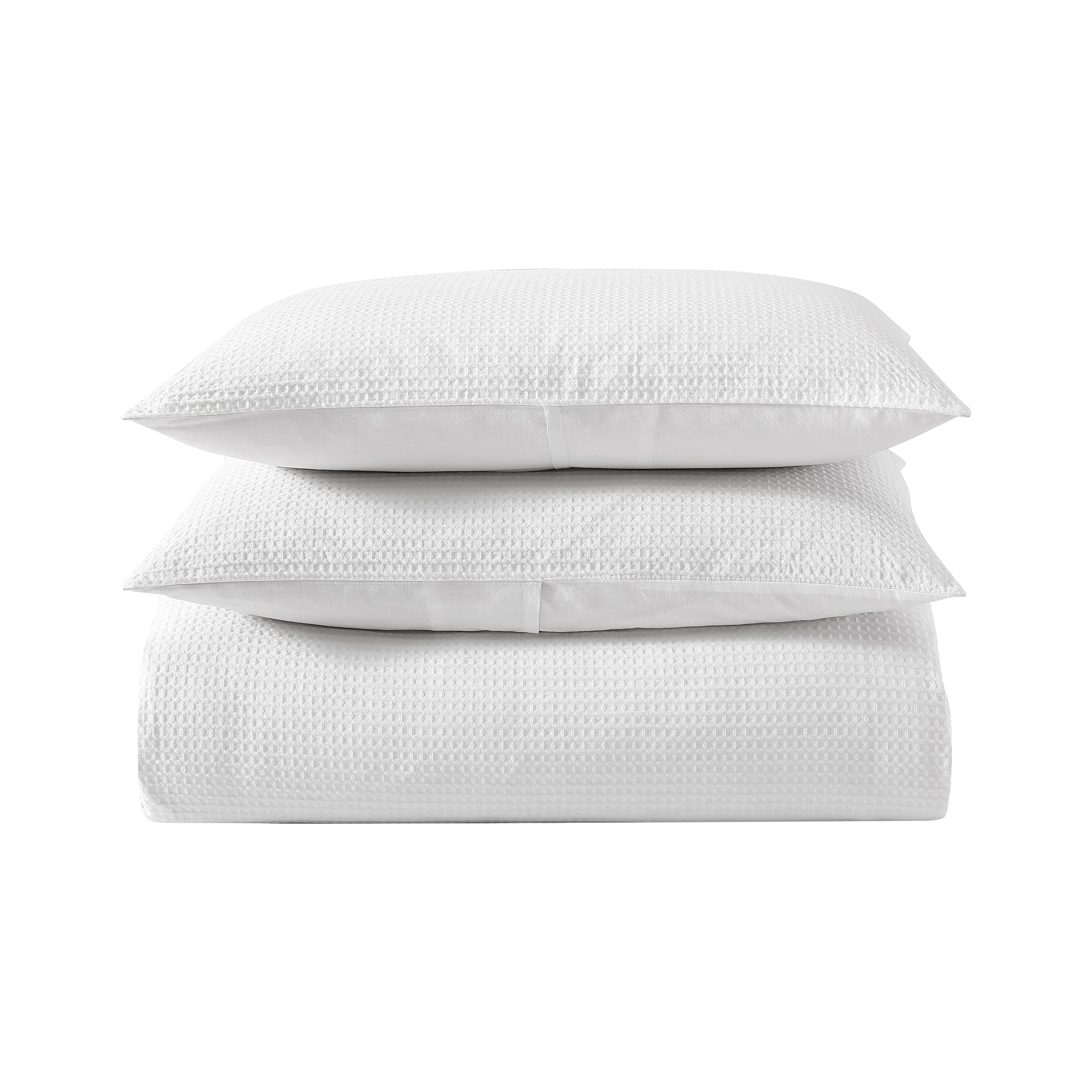 Laura Ashley- Queen Duvet Cover Set, Reversible Cotton Bedding Set with Matching Shams, Farmhouse Home Décor (Waffle Pique White, Queen)