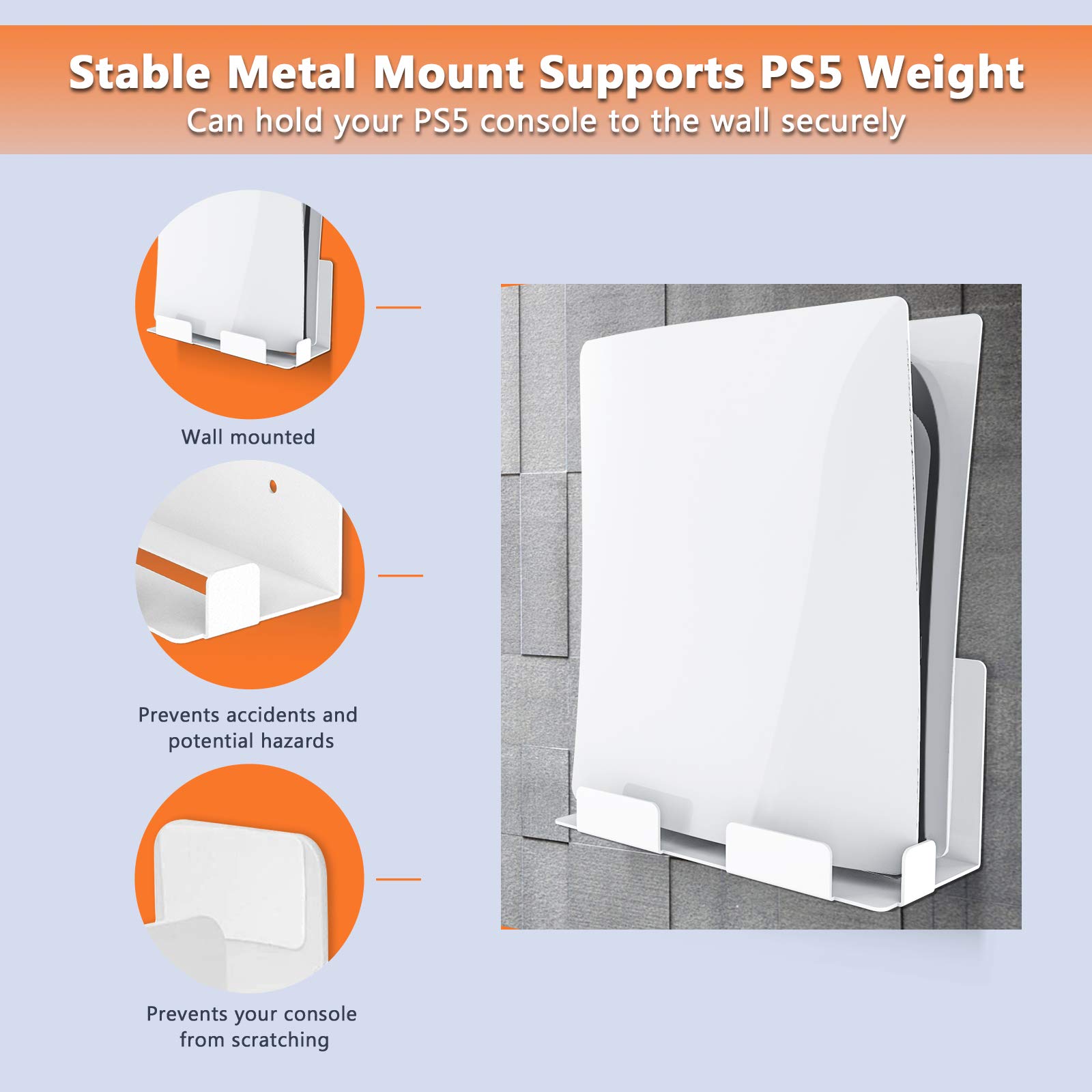 BEJOY Wall Mount for Playstation 5, Wall Mount Bracket Set with Screwdriver & Screws, Sturdy Metal Wall Hanging Holder Stand for PS5 Gaming Console Disk & Digital Edition (White)