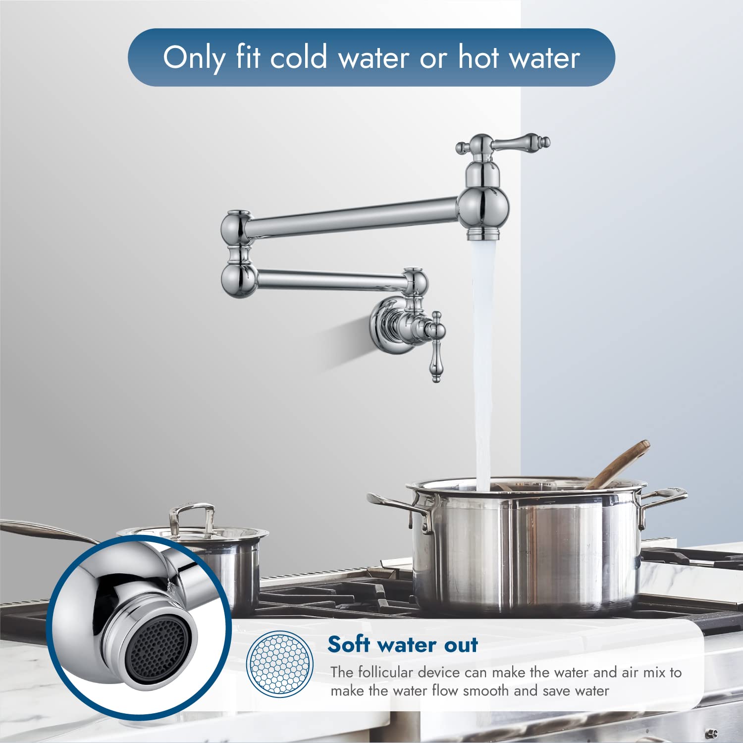 Cinwiny Polished Chrome Pot Filler Faucet Wall Mount Classical Folding Stretchable Stainless Steel Kitchen Restaurant Sink Faucet with Double Joint Swing Arm 1 Hole 2 Handle Commercial