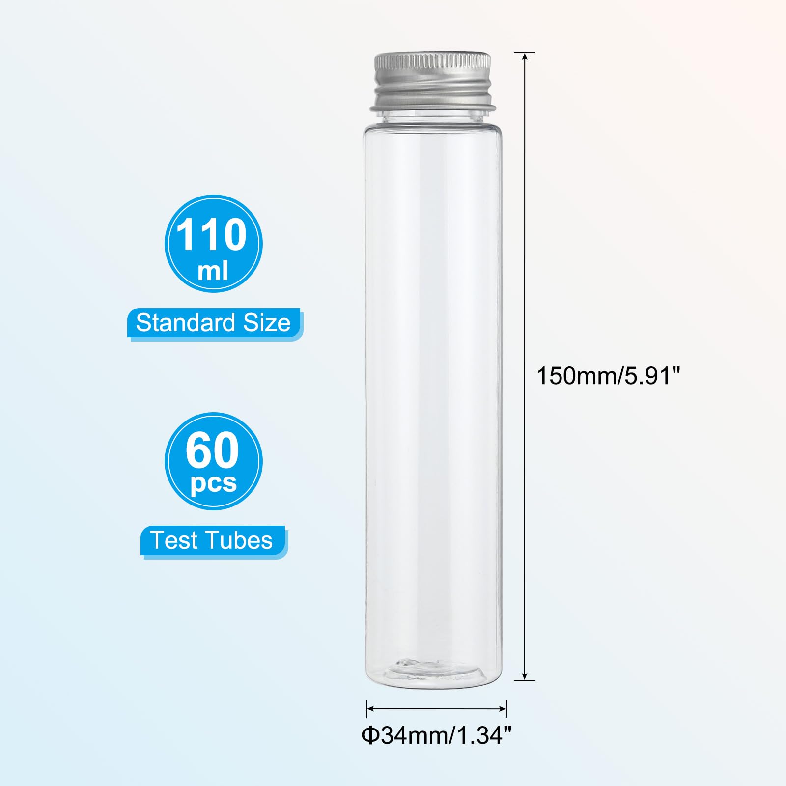 PATIKIL 110ml Test Tubes, 60pcs 5.91x1.34" Plastic Clear Flat Bottom Test Tube Containers with Caps for Bead Party Candy Bath Salt Storage Scientific Experiment Plant Propagation, Silver