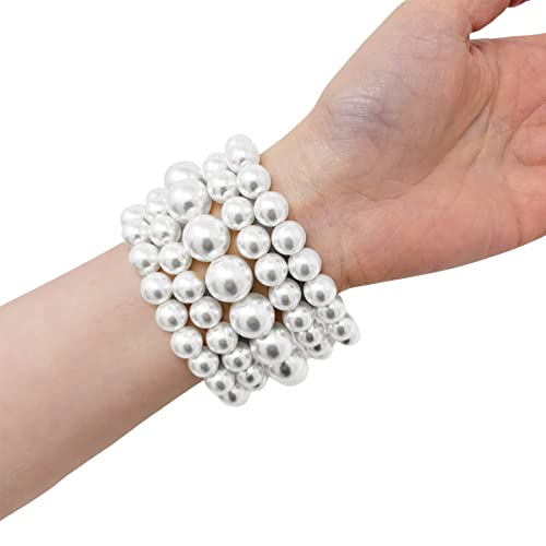 BA UNIQUE FASHION Women's Faux Pearl Stretch Bracelet 5 PCS Set (White)