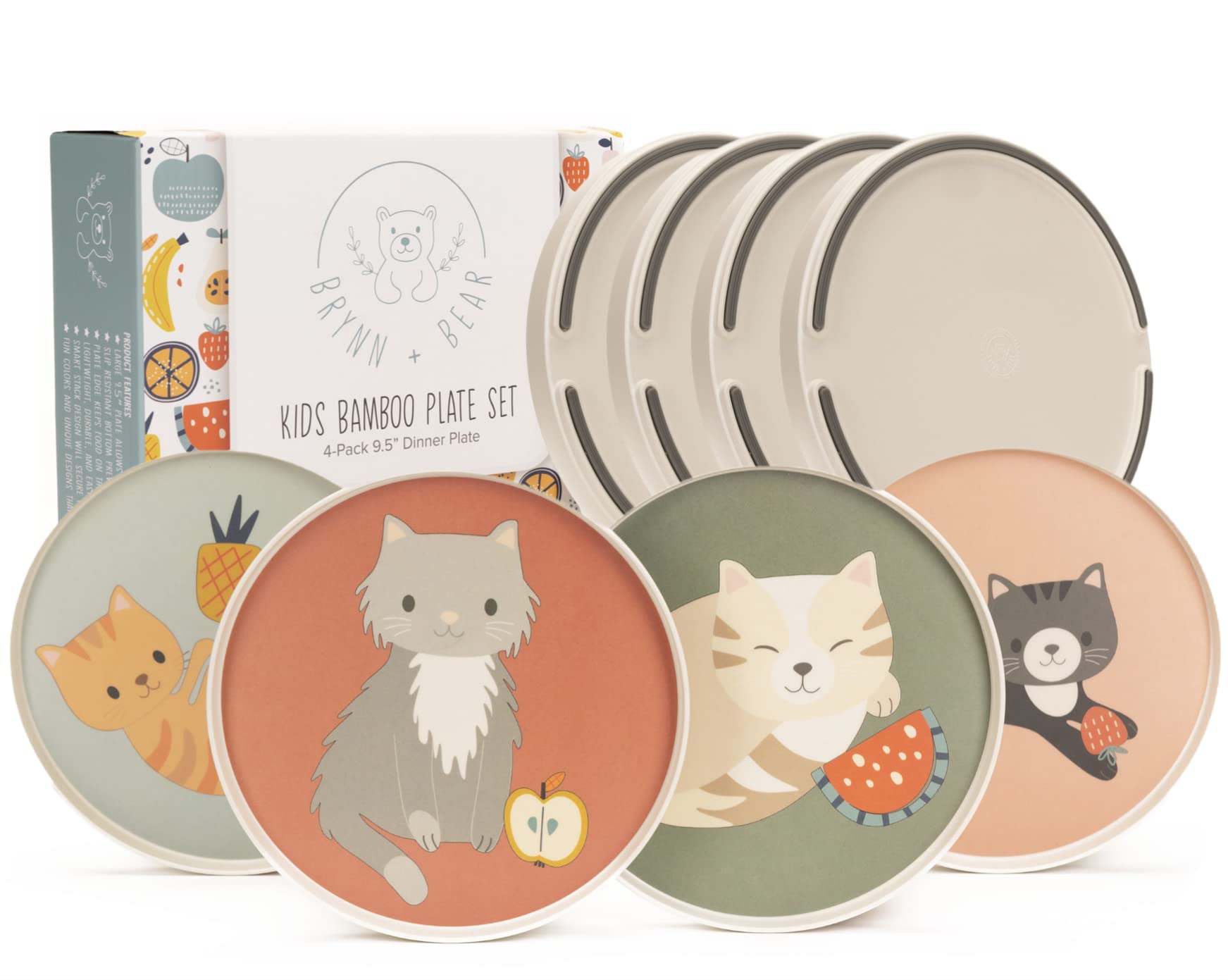 Brynn + Bear Upgrade Your Child's Dining Experience, Slide-Resistant Bamboo Plates, Expertly Crafted for Ages 3+ Dishwasher Safe and Durable | Cutie Cats