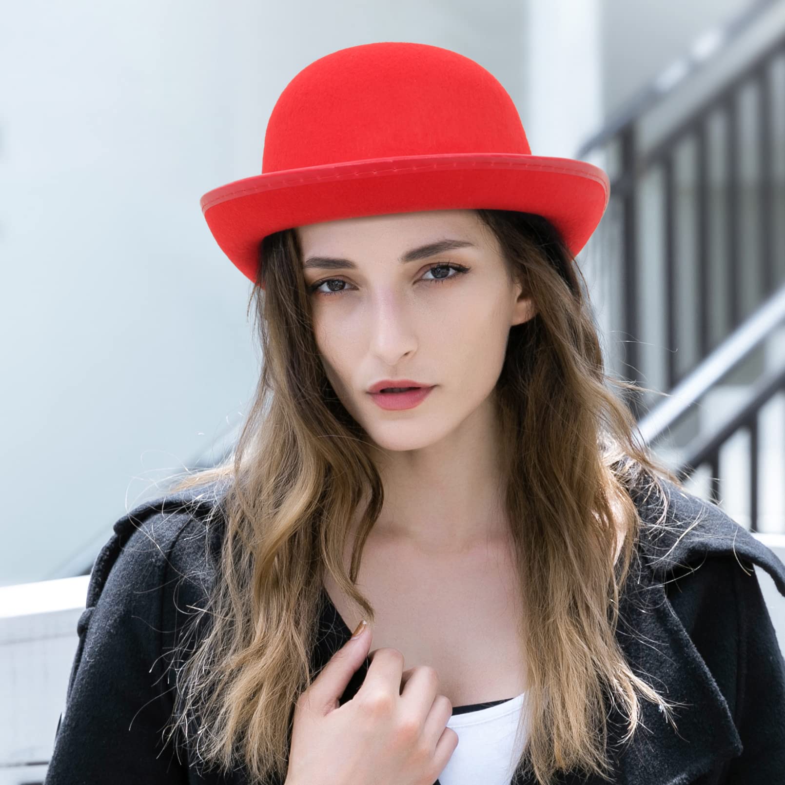GEMVIE Classic Black Felt Derby Hat Lightweight Bowler Hat Novelty Costume Hat for Party Dress Ups Red