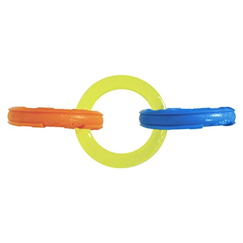 Nerf Dog Rubber 3-Ring Tug Dog Toy, Lightweight, Durable and Water Resistant, 10.5 Inches, for Medium/Large Breeds, Single Unit, Blue/Green/Orange