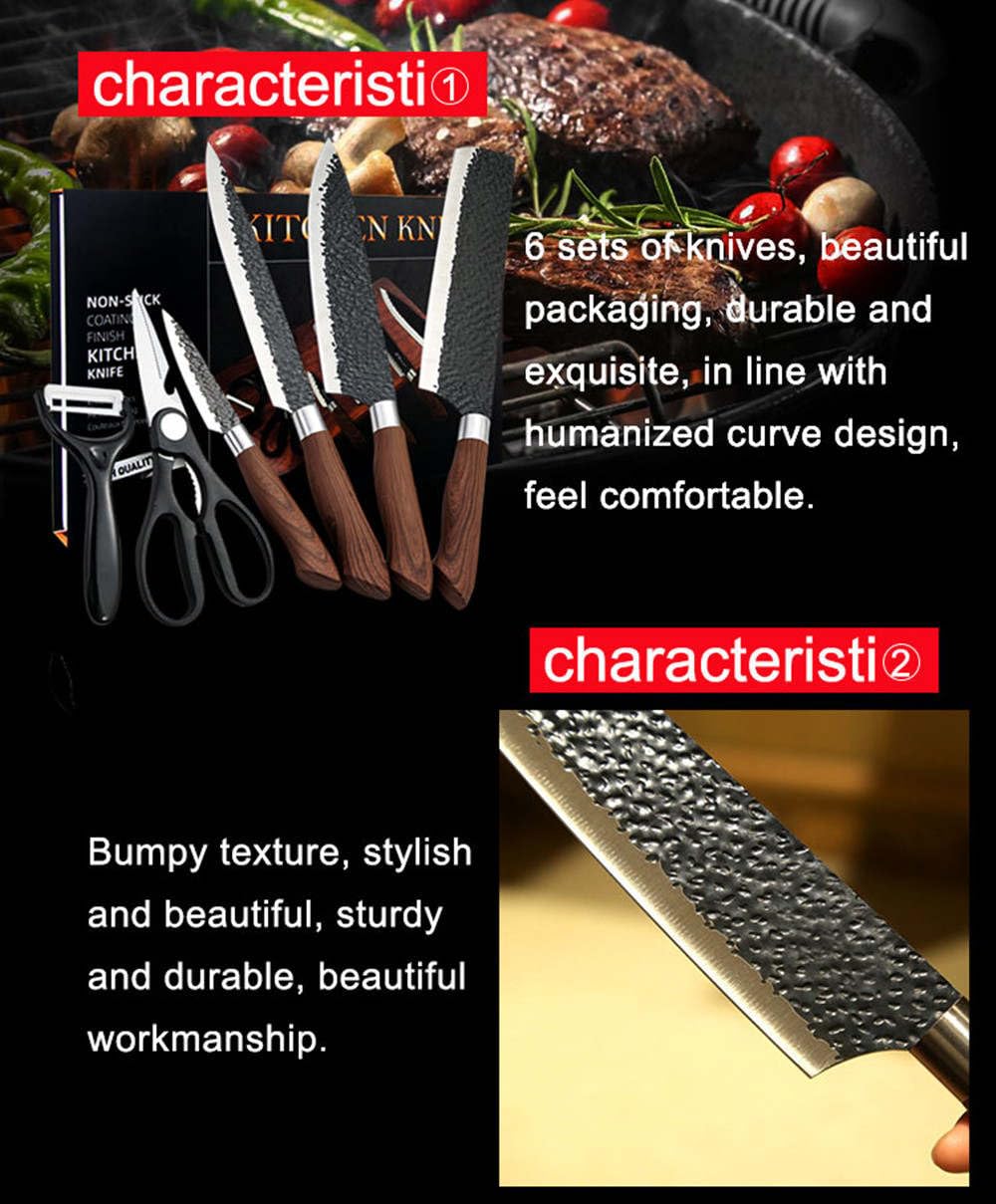 Generic Stainless Steel Kitchen Knife Set, 6 Pieces, Forged Black Nonstick Blades, INZO_PRO6