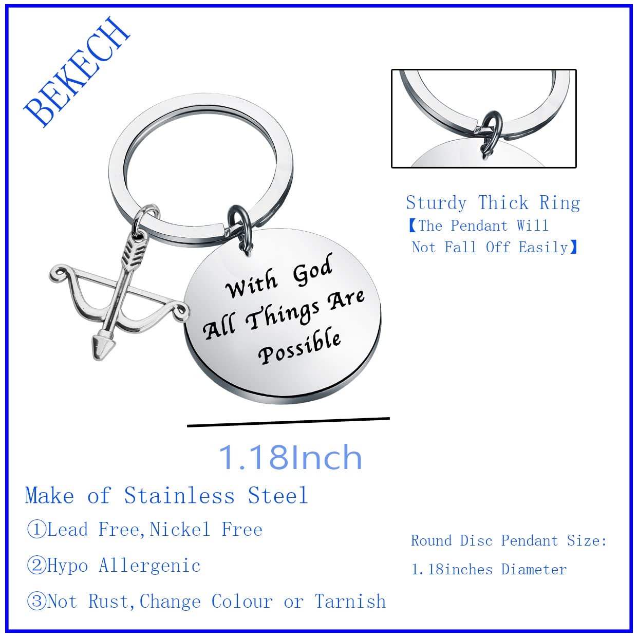 BEKECH Archery Sport Player Gift With God All Things Are Possible Arrow Bowhunting Charm Keychain for Archery Team Archery Lover Hunting Lover (silver)