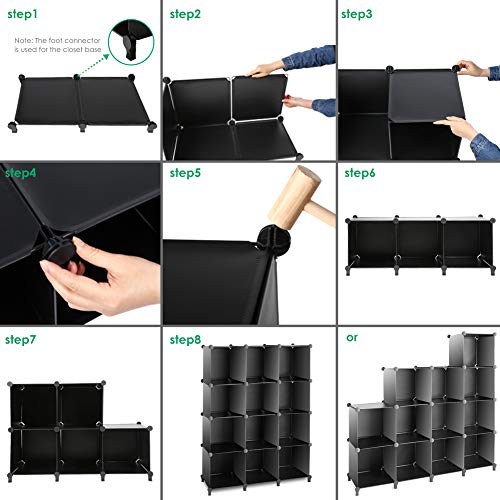TomCare Cube Storage Organizer 12-Cube Closet Organizer and Storage Shelves Bookshelf Cubes Organizer Plastic Book Shelf Bookcase DIY Square Closet Cabinet Shelves for Bedroom Office, Black