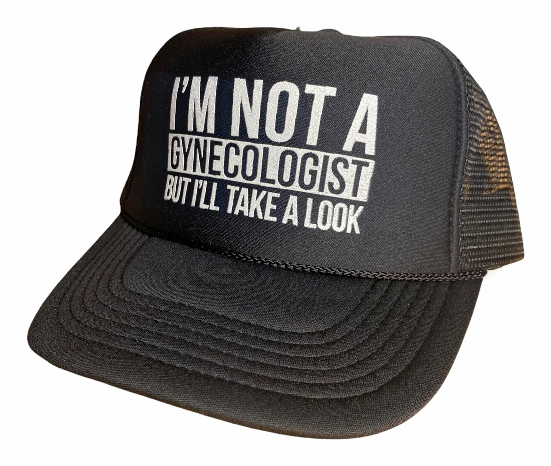 I'm Not A Gynecologist But I'll Take A Look Snapback Trucker Hat for Men or Women, Vintage Fit with Funny Novelty Graphic, Custom Mesh Cap Black
