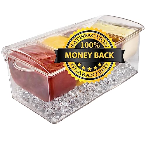 Ice Chilled 4 Compartment Condiment Server Caddy - Serving Tray Container with 4 Removable Dishes and Hinged Lid | 3 Serving Spoons + 3 Tongs Included