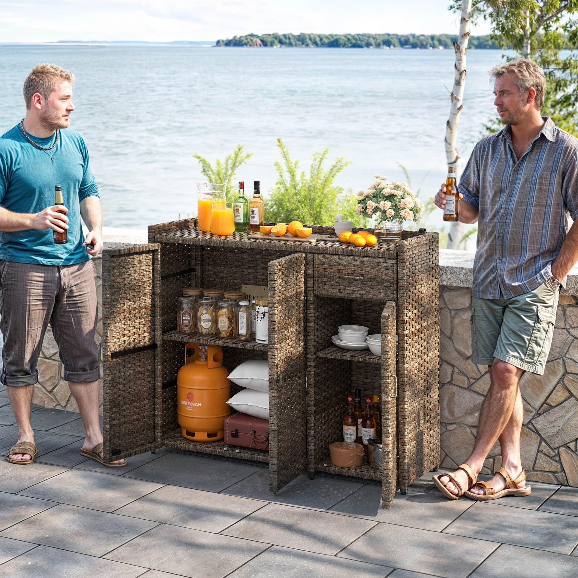 YITAHOME Outdoor Storage Cabinet, Weather-proof Rattan Bar Table with Two Doors, Adjustable Shelves & Foldable Drawer, Wicker Patio Storage Box for Outdoor Cushions, Pool Toys and Garden Tools - Brown