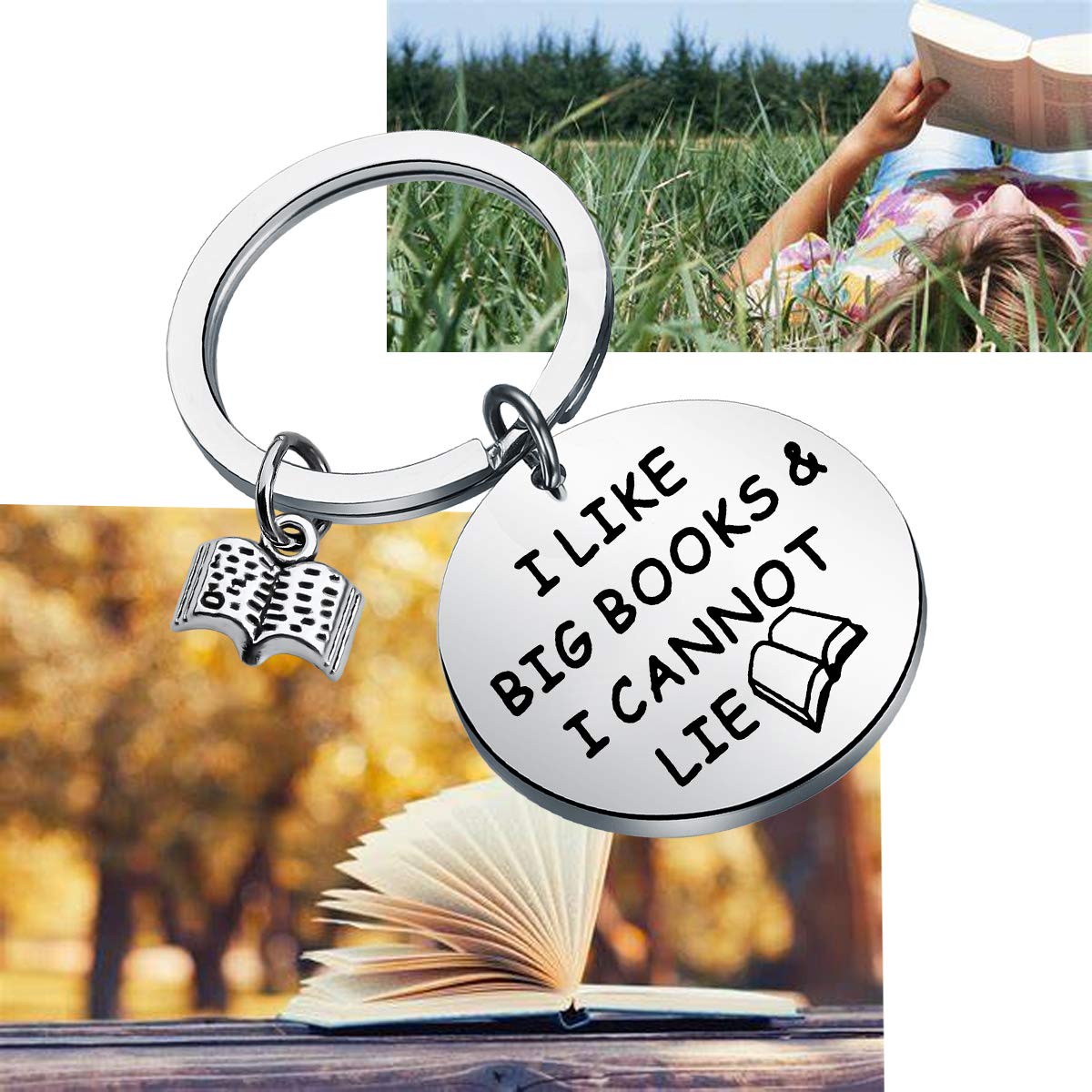 BEKECH Book Keychain Bookworm Gift Book Lover Gift I Like Big Books and I Cannot Lie Keychain Book Lovers Reading Jewelry Book Club Gift Librarian Gift (Silver)