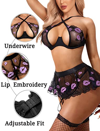 Avidlove Sexy Garter Set Lingerie for Women Push Up 3 Pcs Mesh Lingerie Set Lace Lingerie with G-string(Purple Lip,Small)