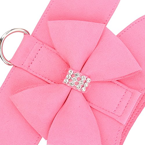 SELMAI Small Pet Dog Cat Bling Rhinestone Harness and Leash Set Bow Girls Soft Ultra Suede Leather, Adjustable/No Pull Pink L