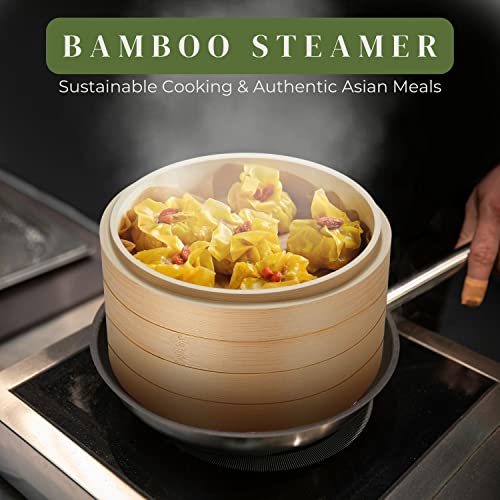 Flexzion Bamboo Steamer Basket Set (8 inch), 50 x Steamer Liners and 2 Pairs of Chopsticks, Steam Baskets for DimSum Dumplings, Rice, Vegetables, Fish and Meat