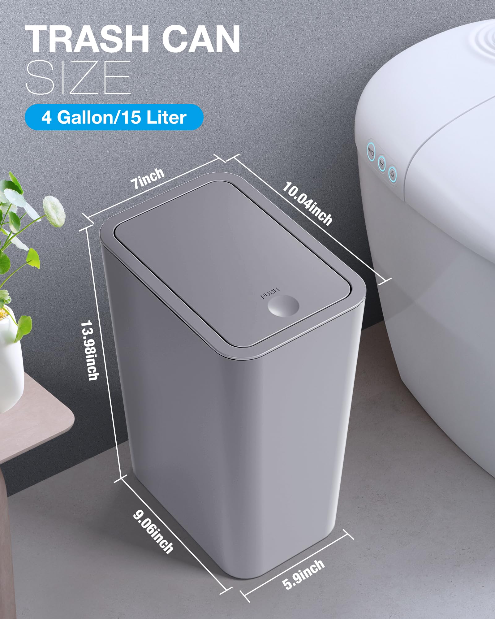 ITCPRL Bathroom Trash Can with Lid, 2 Pack 4 Gallons/15 Liters Garbage Can with Pop-Up Lid, Small Plastic Trash Can, Slim Trash Bin Waste Basket for Bathroom, Bedroom, Office, Living Room(Grey)