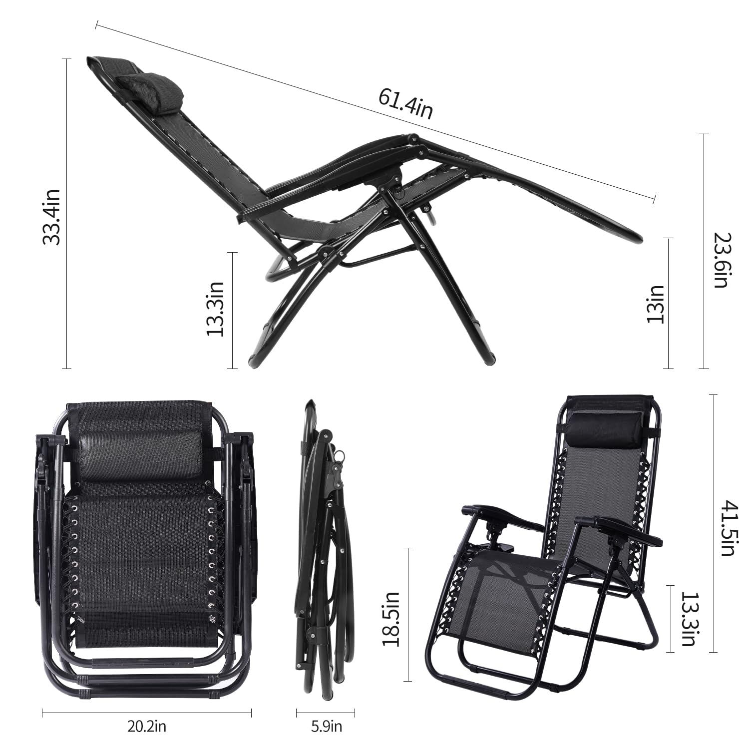 CYCLONE SOUND Adjustable Zero Gravity Folding Reclining Lounge Chair with Pillow,Anti-Gravity Chair for Indoor & Outdoor, Folding Reclining Chair w/Side Tray