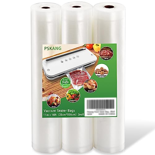 Pskang Food Saver Vacuum Sealer Bags Rolls 11" x 16' (3 Rolls) BPA Free Vacuum Seal Bags for Food Heavy Duty Puncture Prevention Food Saver Bags Rolls for Custom Fit Airtight Food Storage and Sous Vide