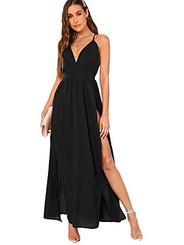 Floerns Women's V Neck Spaghetti Strap Backless Split Cocktail Party Maxi Long Dress A Black M