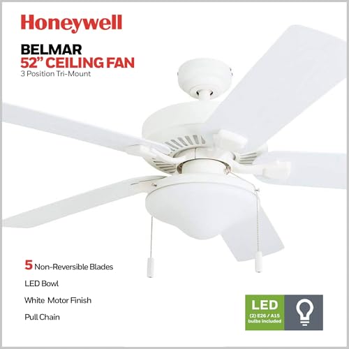 Honeywell Ceiling Fans Belmar 52 Inch Ceiling Fan With Light, Indoor/Outdoor Ceiling Fan with Pull Chain, LED Tri-Mount 5 Blade Design, ETL Damp Rated, White (50513-01)