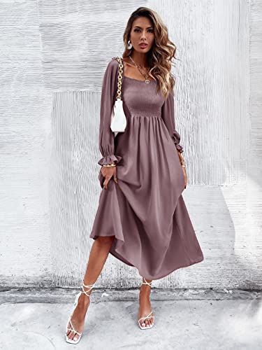 Floerns Women's Boho Floral Print Square Neck Flounce Sleeve A Line Long Dress Mauve Purple S