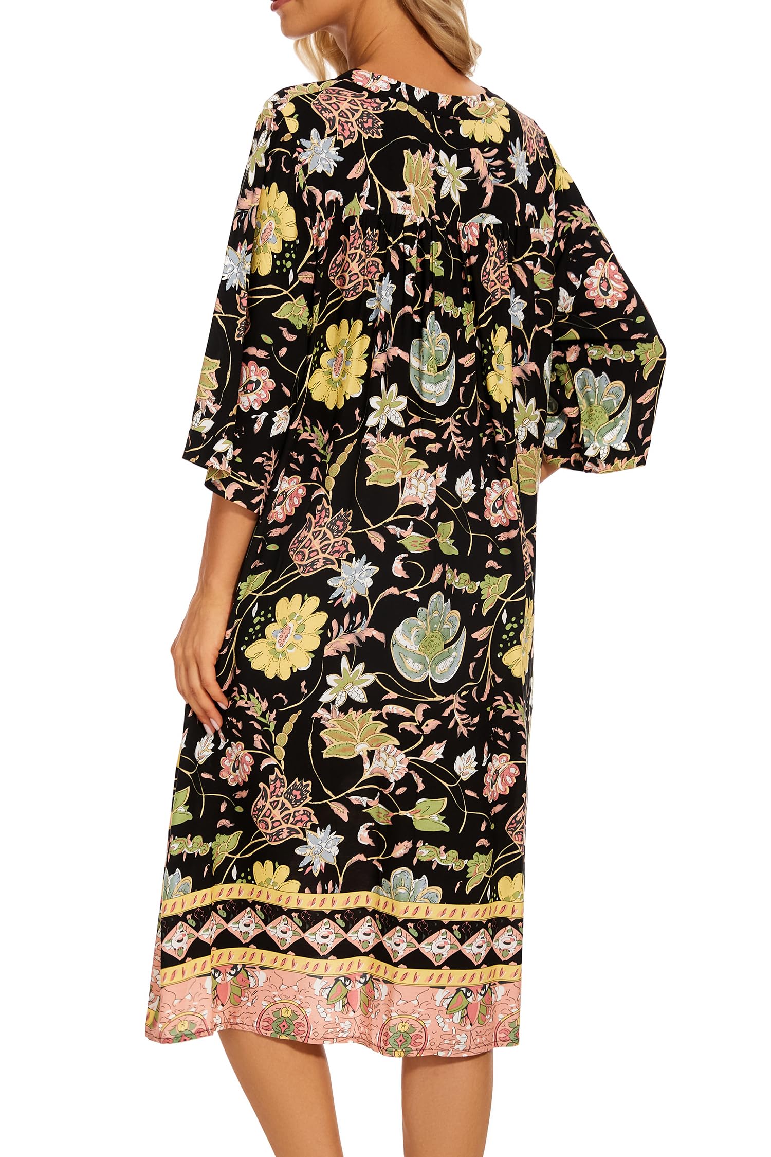 AVIIER House Dress Womens 3/4 Sleeve Floral Print Nightdress with Pockets (Black Flower, Large)