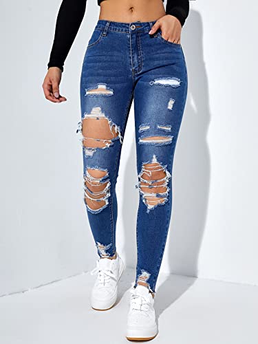 Floerns Women's Cut Out Ripped Jeans Raw Hem High Waist Skinny Denim Pants Blue S