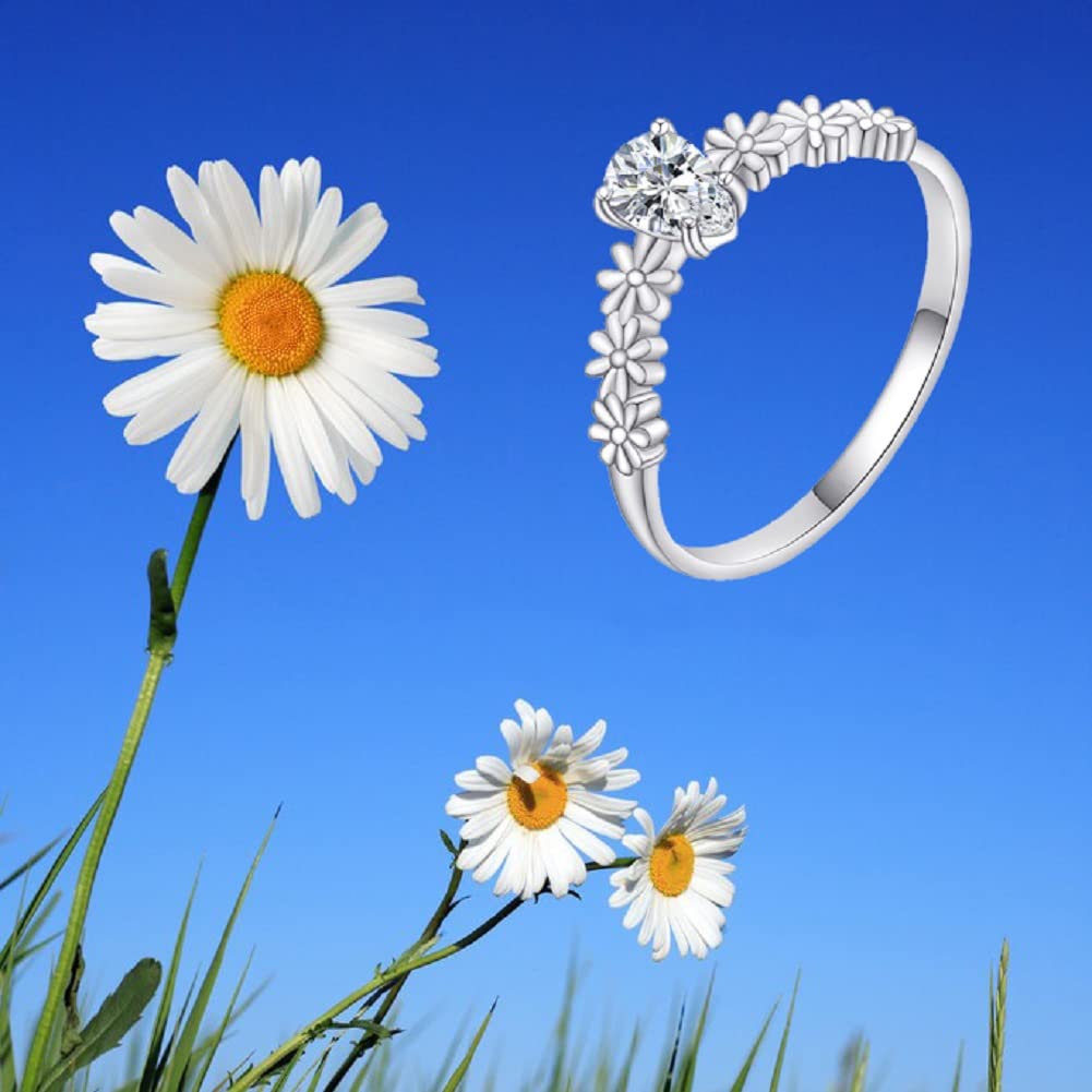 AMBCESSER Hypoallergenic 925 Sterling Silver Daisy Flower & Teardrop Cubic Zirconia Engagement Ring Size 8