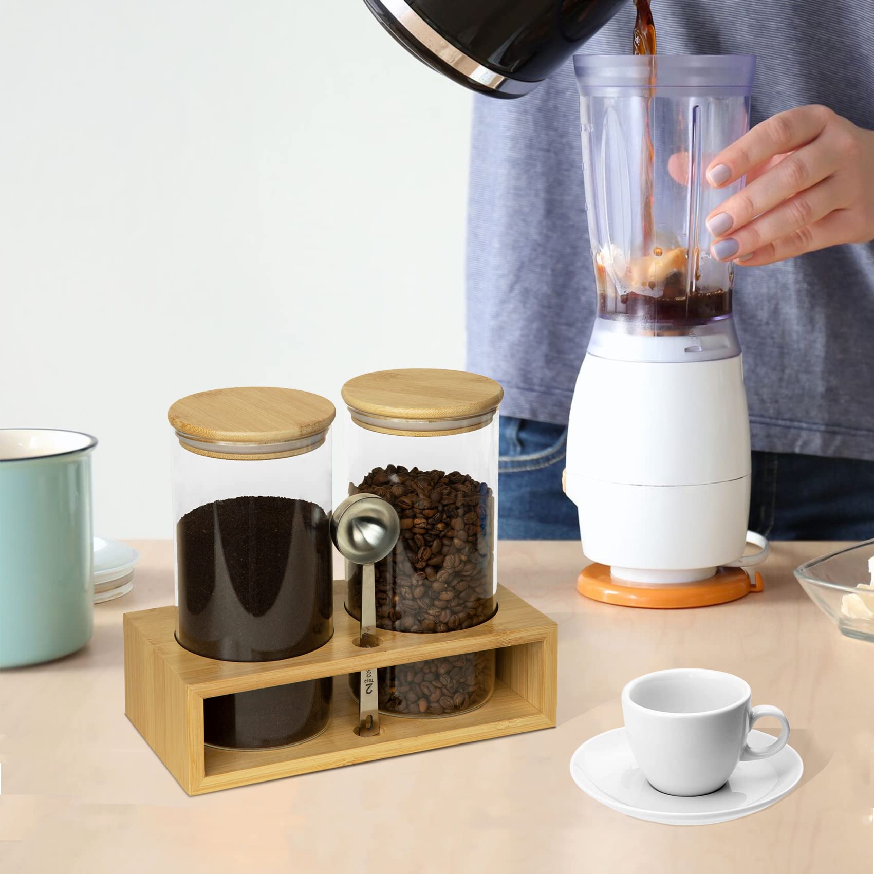 Glass Coffee Containers With Shelf, Coffee Bar Organizer And Accessories, Coffee Jars With Spoon, 2x 49oz Coffee Bean Storage Airtight Sealed Coffee Canister For Coffee Bean, Ground Coffee, Nuts