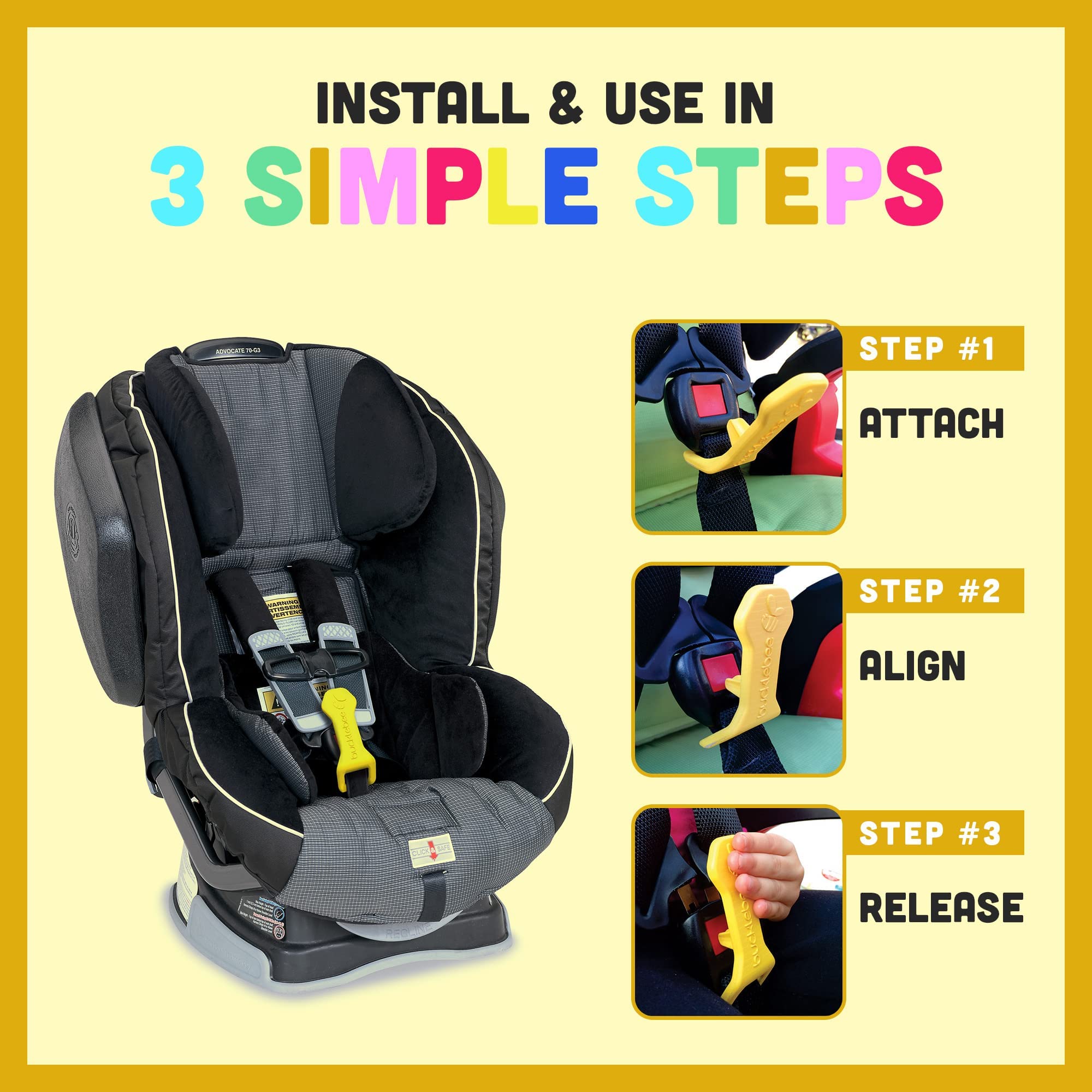 BUCKLEBEE Easy Car Seat Buckle Release Aid for Children Unbuckle Car Seat Release Tool - Car Seat Button Pusher - Car Seat Opener For Nails - Car Seat Buckle Release Tool (Yellow and Teal)