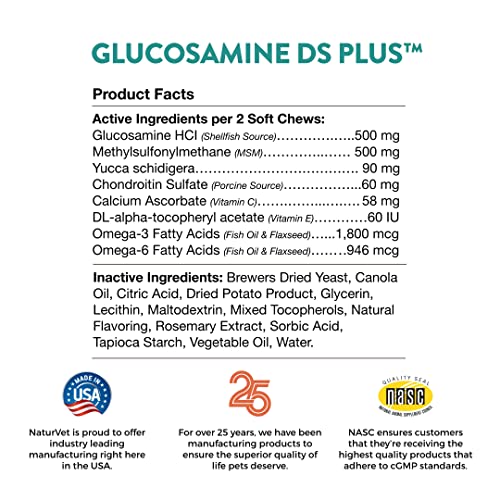 NaturVet – Glucosamine DS Plus - Level 2 Moderate Care – Supports Healthy Hip & Joint Function – Enhanced with Glucosamine, MSM & Chondroitin – for Dogs & Cats–120 Soft Chews