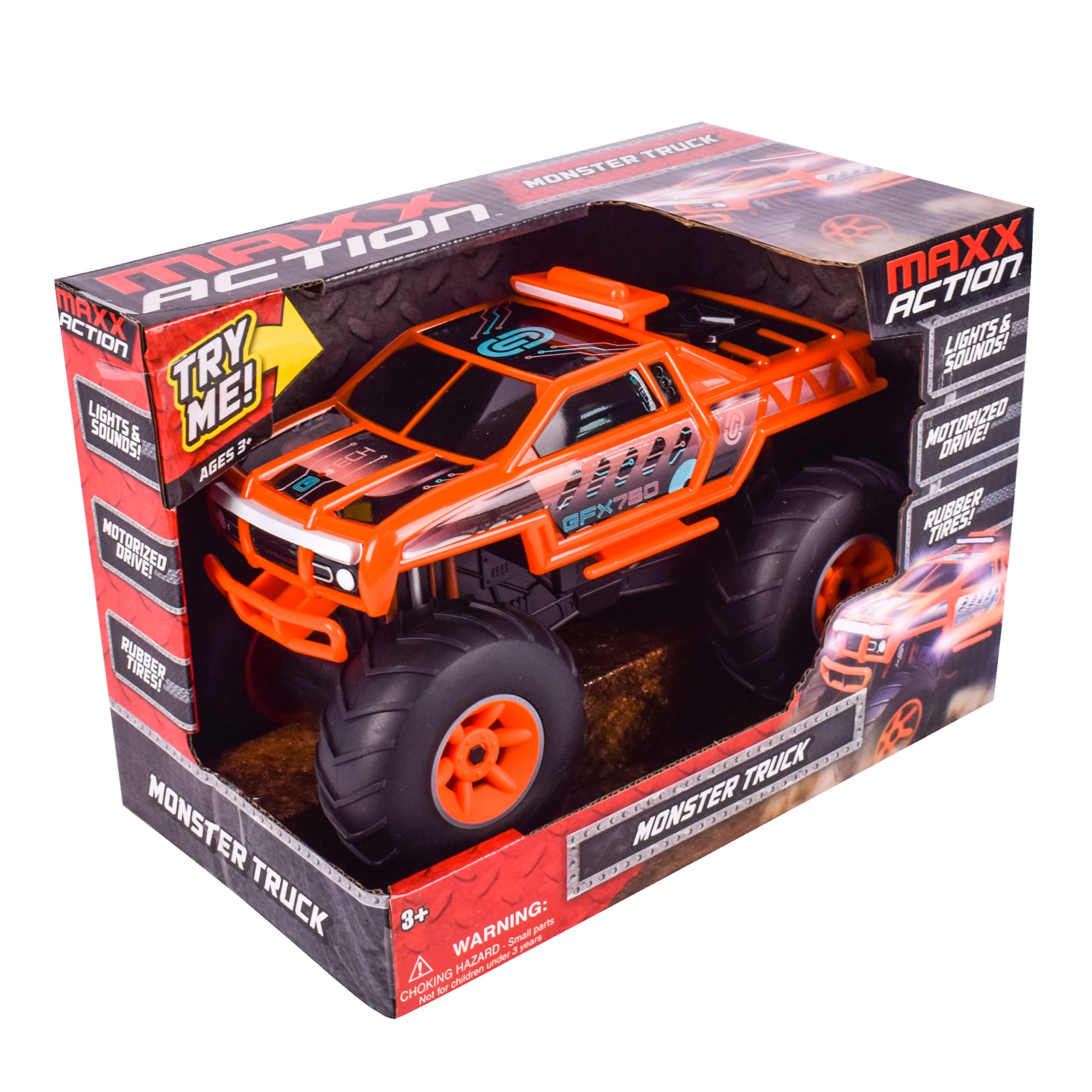 Monster Truck with Lights & Sounds, Motorized Orange Truck for Boys, Girls, Toddlers 3+