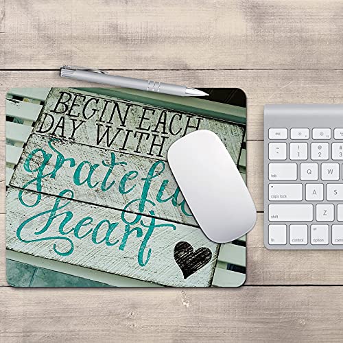 Wknoon Gaming Mouse Pad Custom, Begin Each Day with A Grateful Heart Quotes Rustic Turquoise Wood Design, Inspirational Bible Verse Scripture Quote Mouse Pads