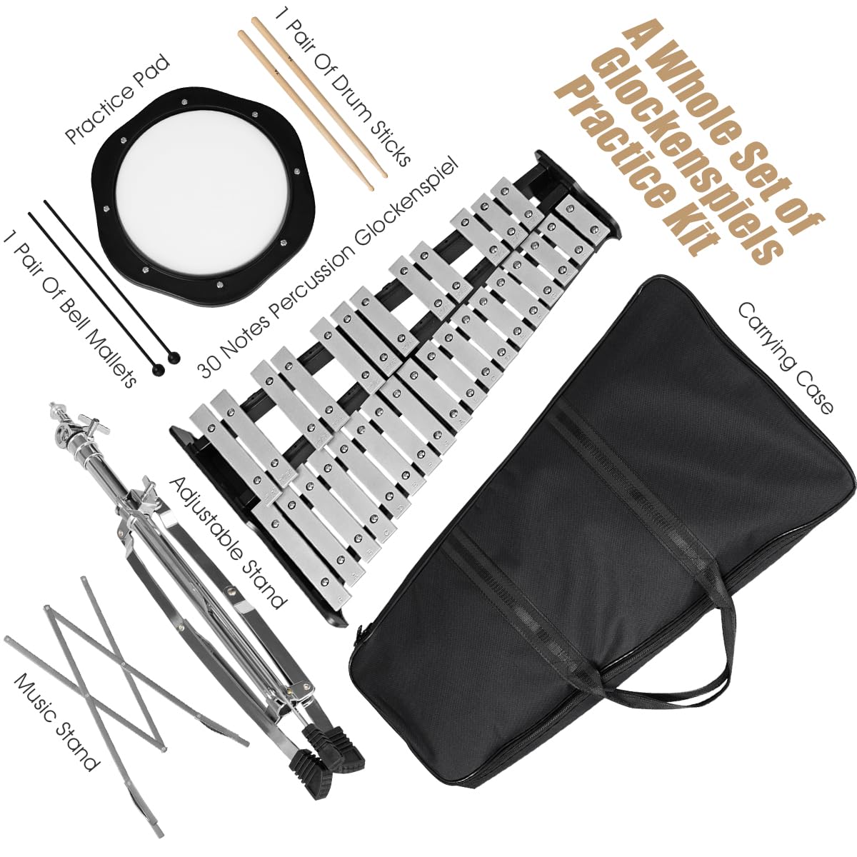 Giantex Foldable Glockenspiel Xylophone 30 Note, with Wood Base and 30 Metal Keys, 2 Mallets, Carrying Bag, Professional Glockenspiel Xylophone Percussion Instrument for Adults and Kids