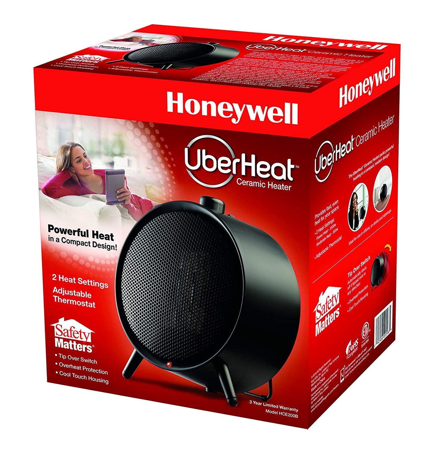 Honeywell UberHeat Ceramic Heater for Powerful Personal Heating in Small Spaces, Black - HCE200B