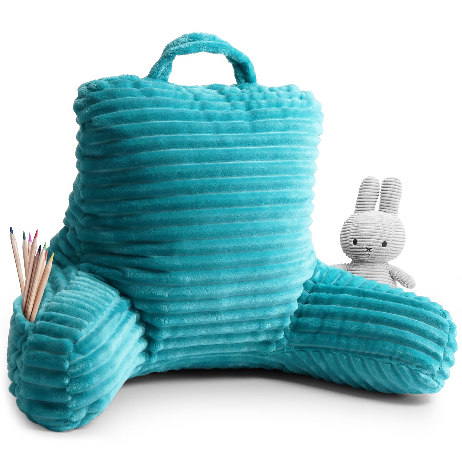 Clara Clark Reading Pillow for Kids â Back Pillow for Sitting in Bed, Plush Bed Pillows for Sitting Up in Bed, Teal Kids Reading Pillow, Shredded Foam Bed Chair Pillow with Arms and Pockets
