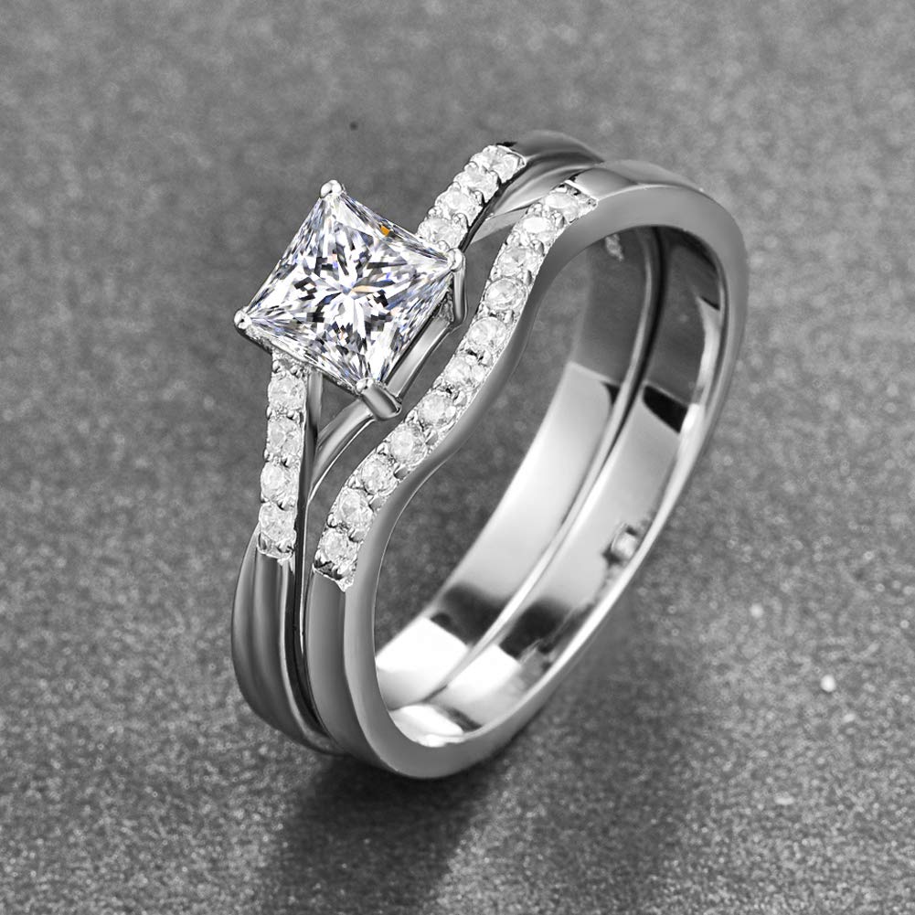 AVECON 925 Sterling Silver Women's Infinity Wedding Ring Set Halo Square CZ Cubic Zirconia Engagement Band Bridal Sets Size 7