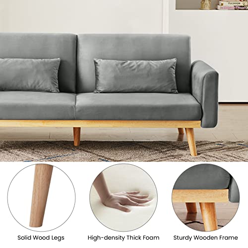 DKLGG Grey Futon Sofa Bed, Velvet Convertible Sofa Couch Sleeper with Wood Legs & 2 Pillows, Upholstered Loveseat for Small Spaces Living Room Bedroom Furniture, 3 Adjustable Positions, Easy Assembly