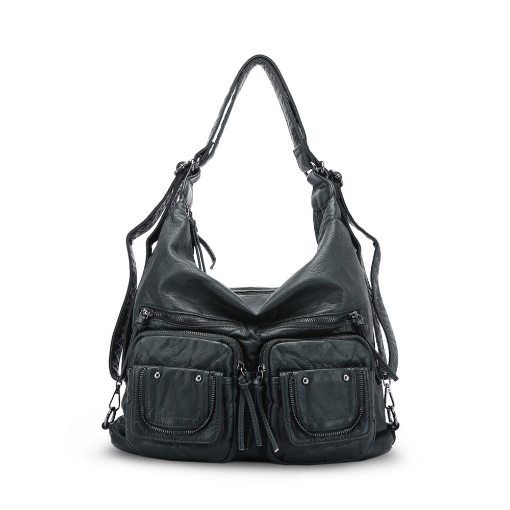 handbags & shoulder bags for woman super soft washed PU leather hobo bags multiple use woman's cross body bag backpack (Green)