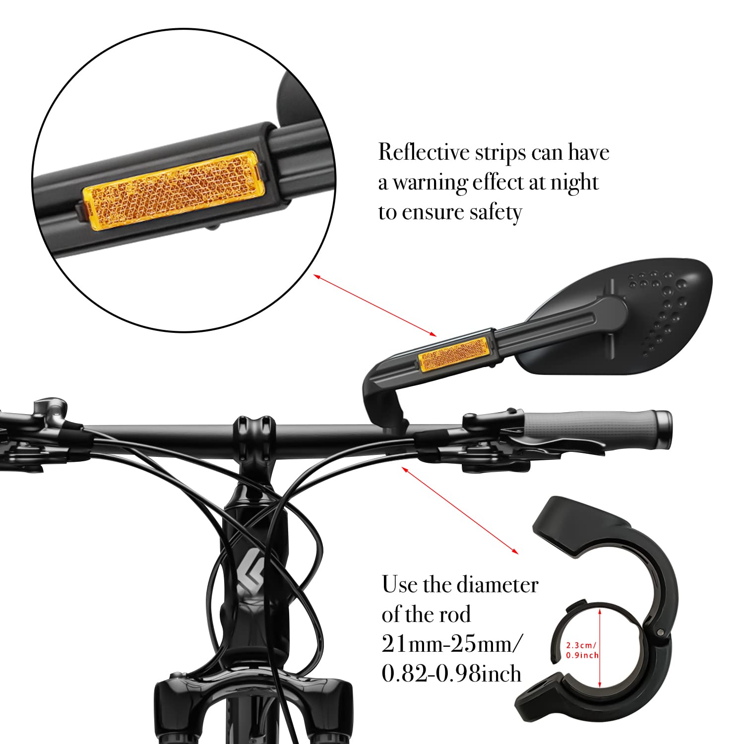 Arkham Bike Mirror 360° Rotatable and Adjustable, Rearview Bicycle Mirror with 7.87"-9.45" Stretchable handle for 0.82-0.98" Diameter Handlebar for Ebike