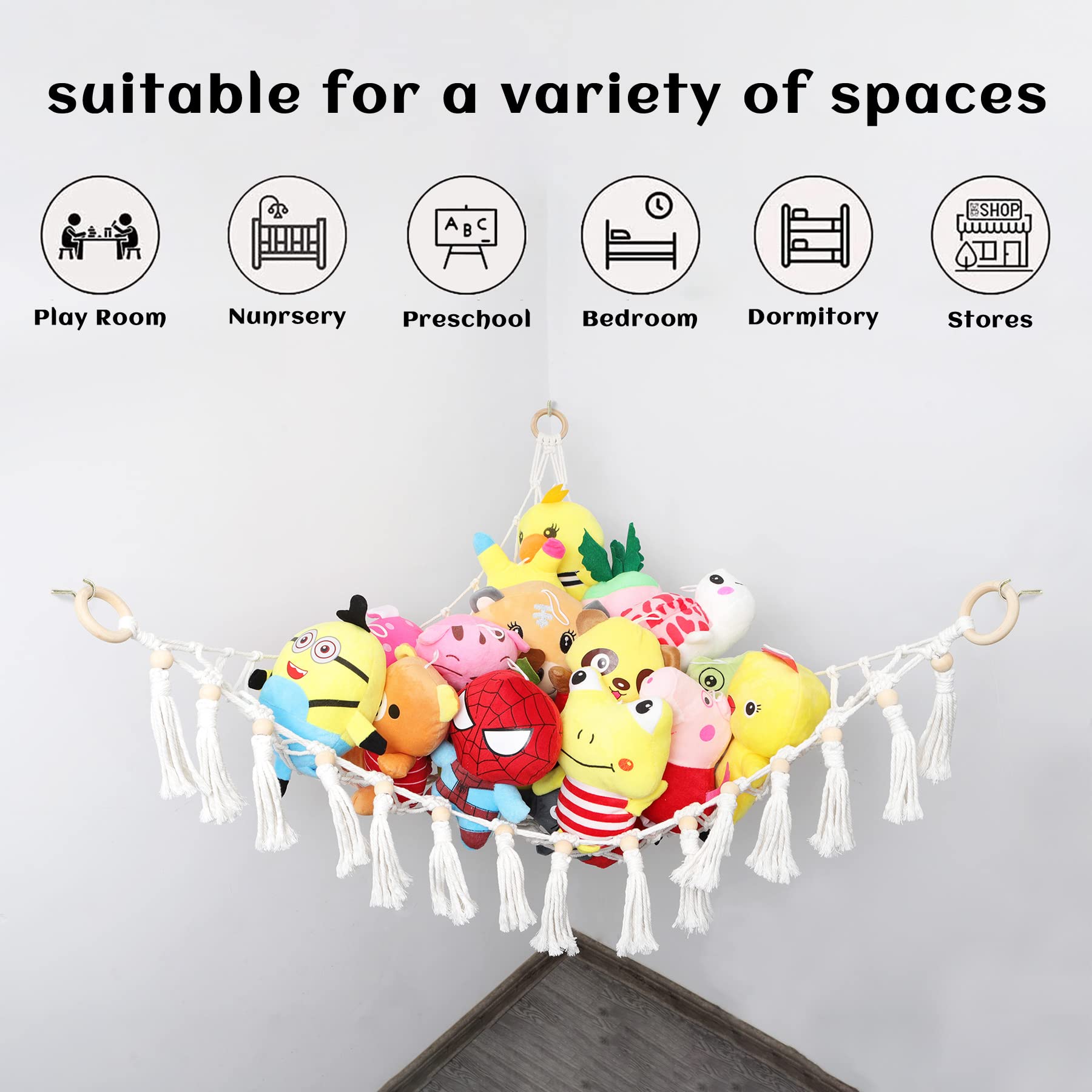 EndSource Stuffed Animal Net or Hammock, Upgraded Large Handmade Durable Macrame Toy Hanging Storage for Girls Boy, Net Holder Organizer in Nursery Playroom Bedroom Kid Room Corner, White (ED0029SS)
